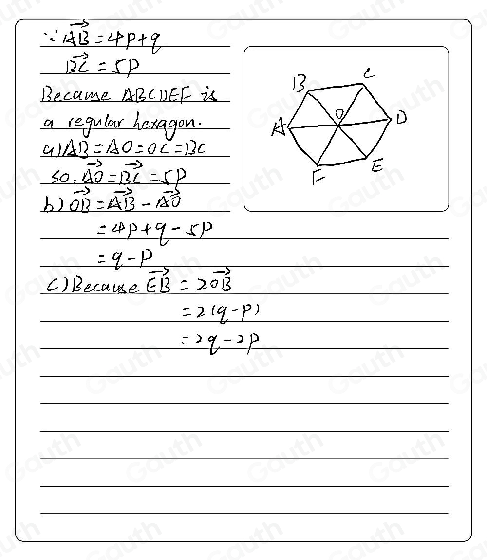 Solved: A regular hexagon is shown below. O is the centre of the hexagon. vector AB=4p+q vector ...