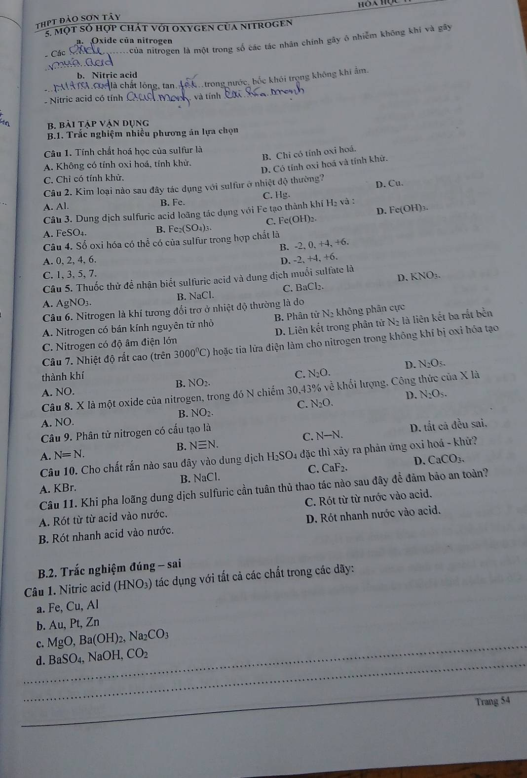 Giải quyết:ThPT đảO Sơn tây 5. một số hợp chát với oxygen của nitrogen ...