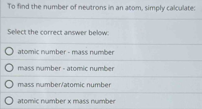 Solved: To find the number of neutrons in an atom, simply calculate ...