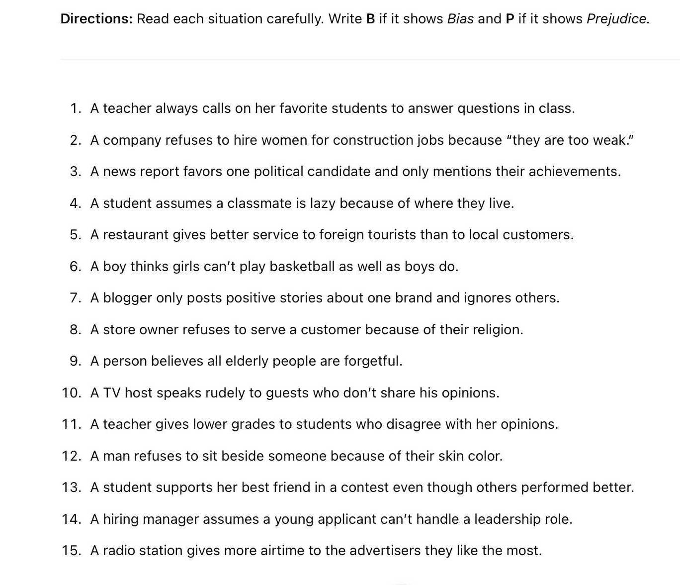 Solved: Directions: Read each situation carefully. Write B if it shows ...