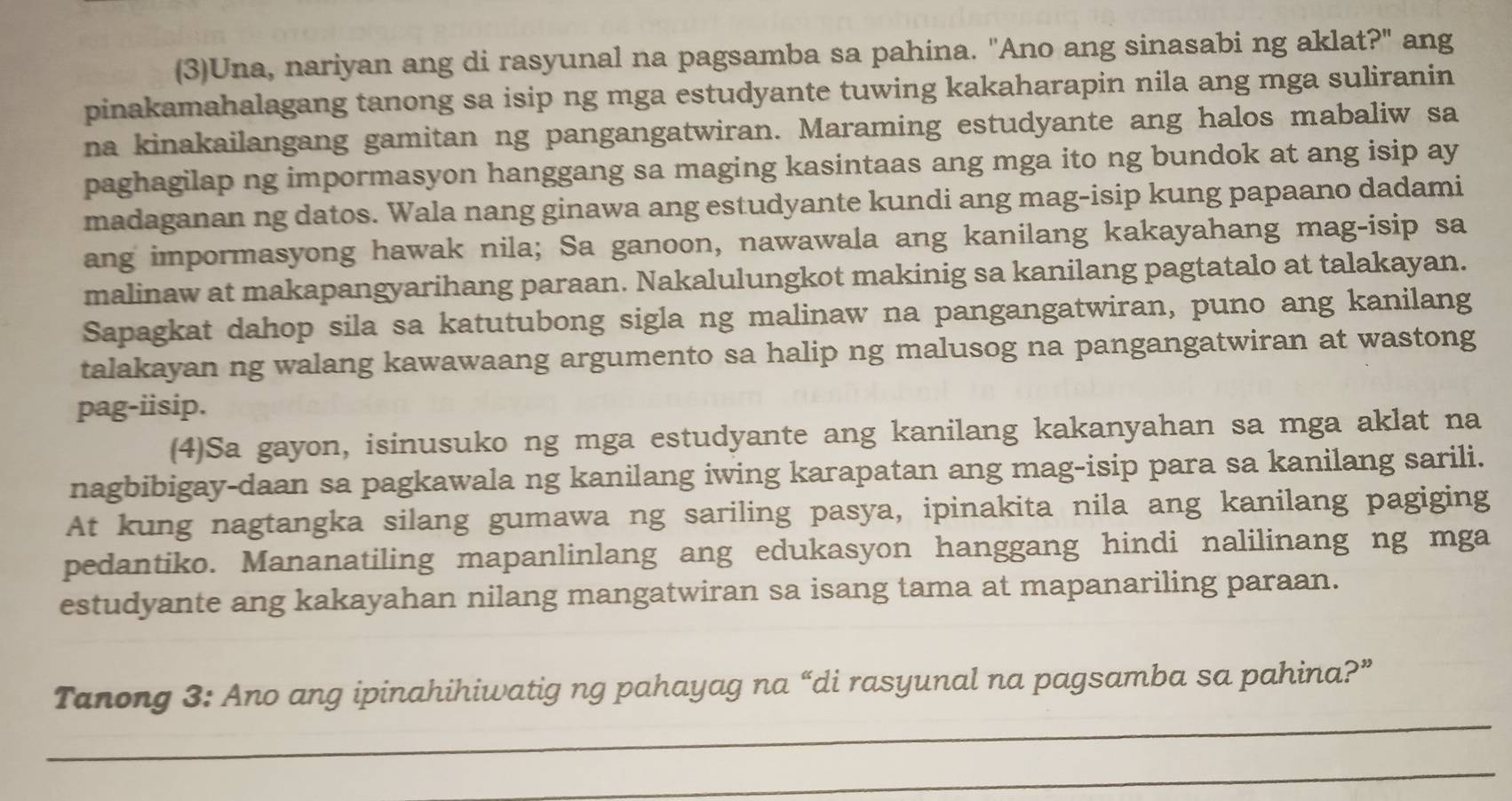 Solved: (3)Una, nariyan ang di rasyunal na pagsamba sa pahina. "Ano ang ...