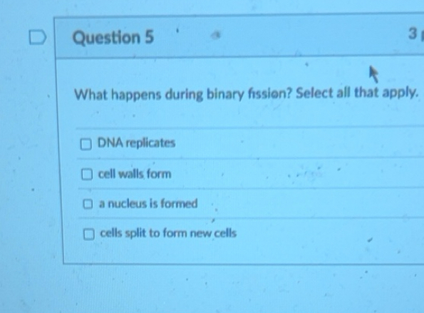 Solved: What happens during binary fission? Select all that apply. DNA ...
