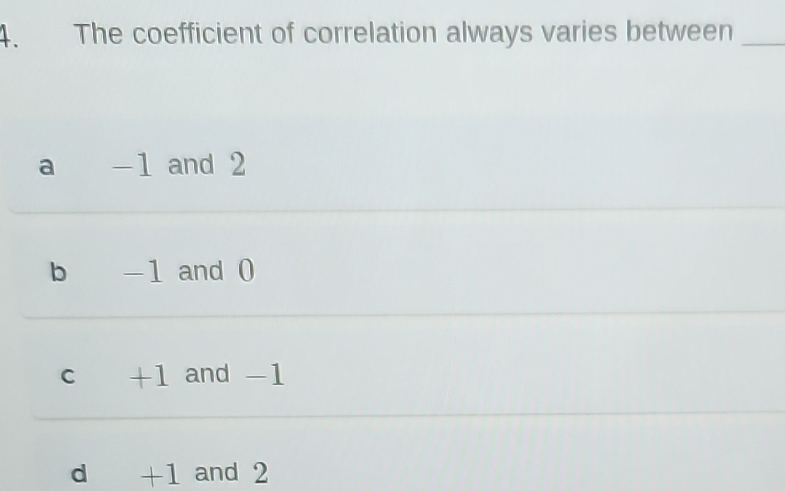 Solved: The coefficient of correlation always varies between_ a -1 and ...