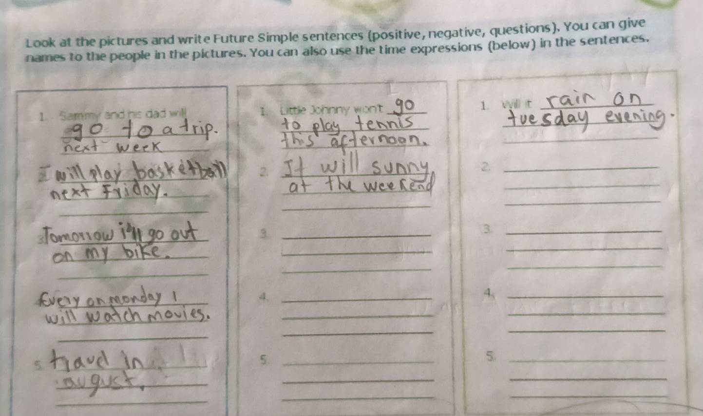 Resuelto:Look at the pictures and write Future Simple sentences ...