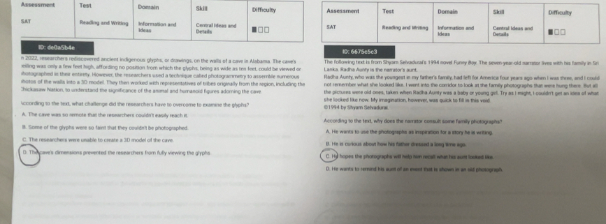 Solved: Assessment Test Domain Skill Difficulty SAT Reading and Writing ...