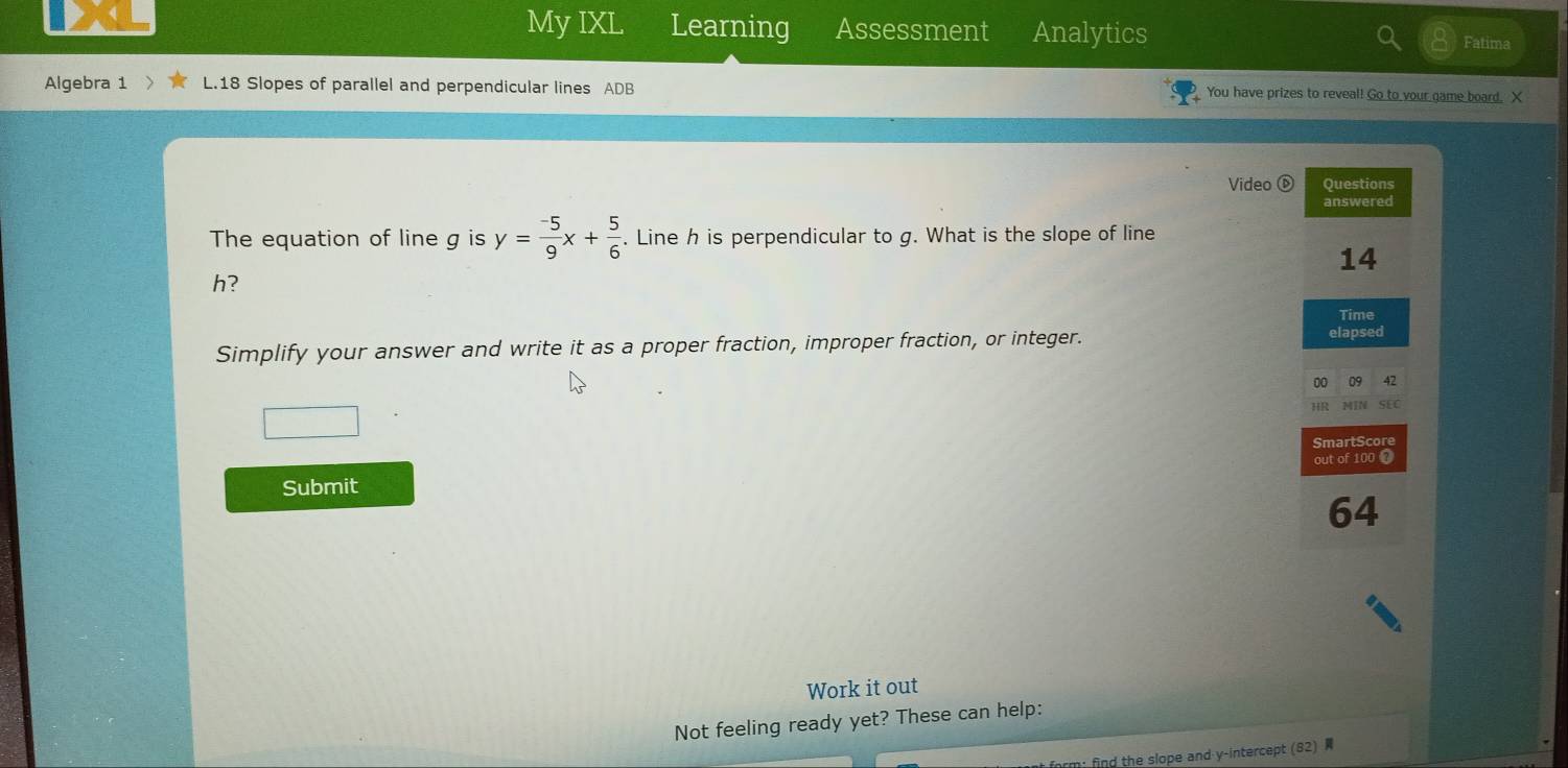 Solved: My IXL Learning Assessment Analytics Fatima Algebra 1 L.18 ...