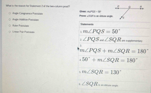 Solved: What is the reason for Statement 2 of the two-column proof ...