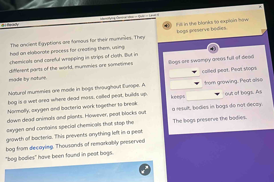Solved: i-Ready Identifying Central Idea — Quiz — Level E Fill in the ...