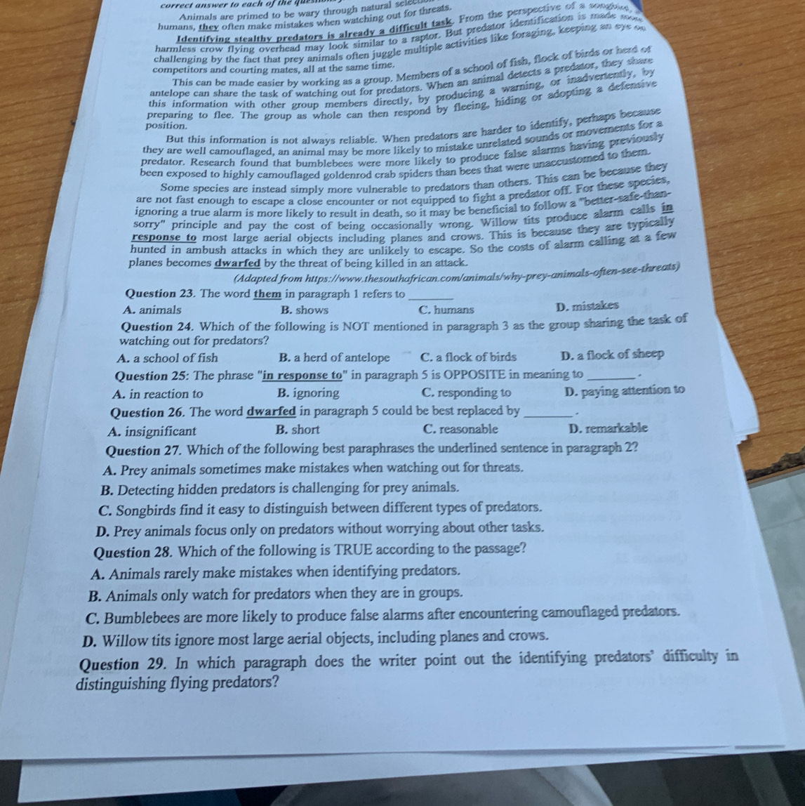 Giải quyết:correct answer to each of the quest Animals are primed to be ...