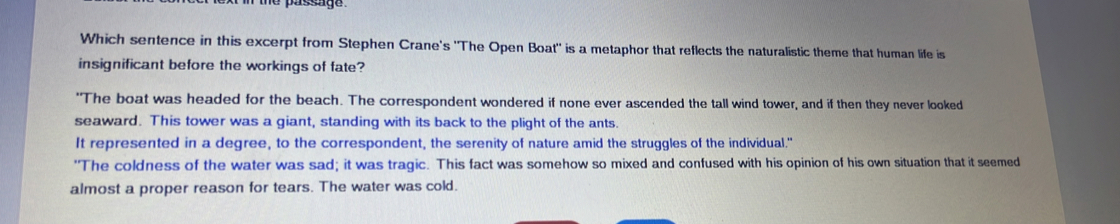 Which sentence in this excerpt from Stephen Crane's 'The Open Boat" is ...