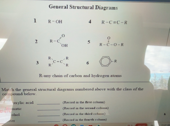 Solved: General Structural Diagrams 1 R-OH 4 R-Cequiv C-R 2 R-C_(OH)^O ...