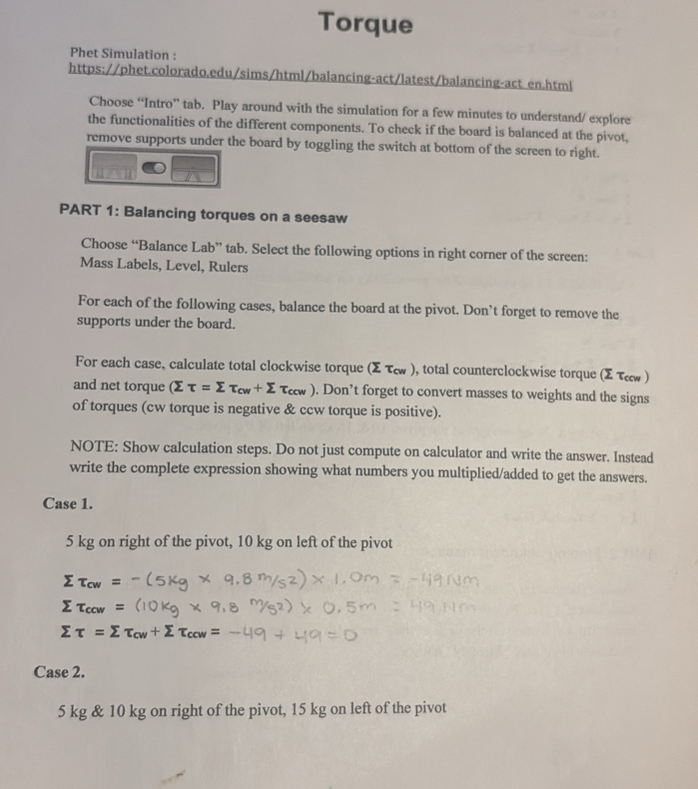 Solved: Torque Phet Simulation : https://phet.colorado.edu/sims/html ...