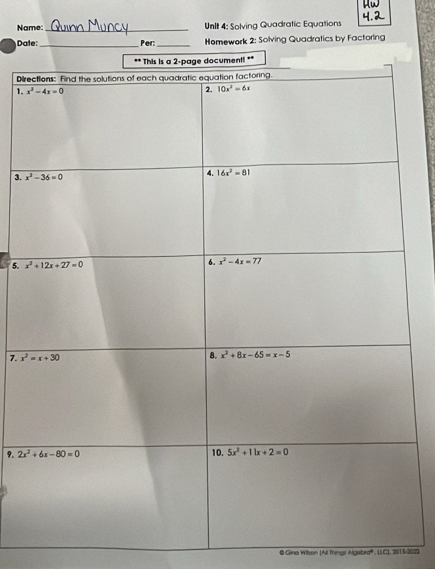 Solved: Name: _ Unit 4: Solving Quadratic Equations Date: _Per ...