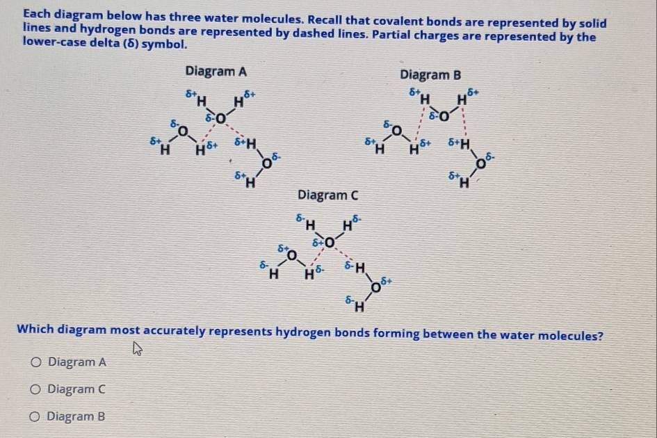 Solved: Each diagram below has three water molecules. Recall that ...