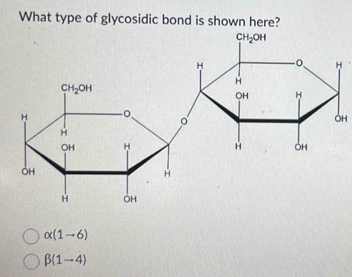 Solved: What type of glycosidic bond is shown here? OH alpha (1to 6 ...