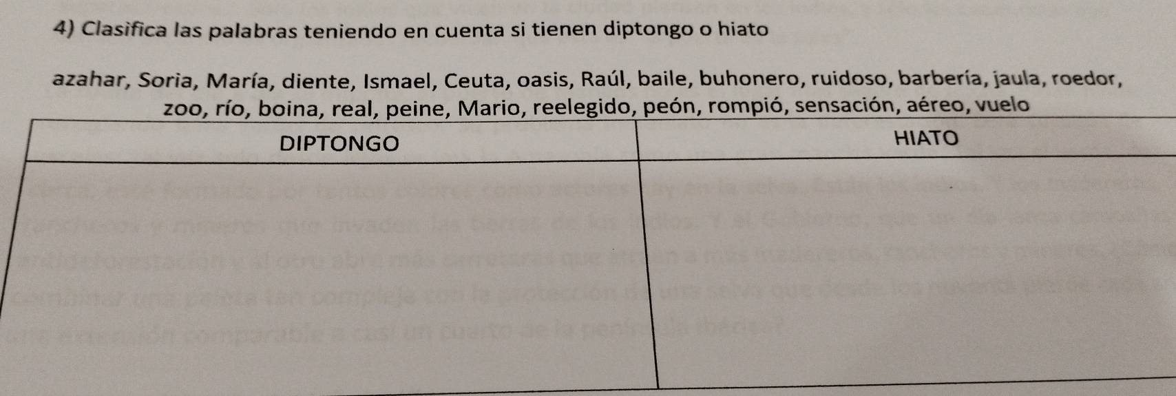 Resuelto:Clasifica las palabras teniendo en cuenta si tienen diptongo o ...