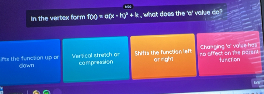 Solved: In the vertex form f(x)=a(x-h)^a+k , what does the 'a' value do ...