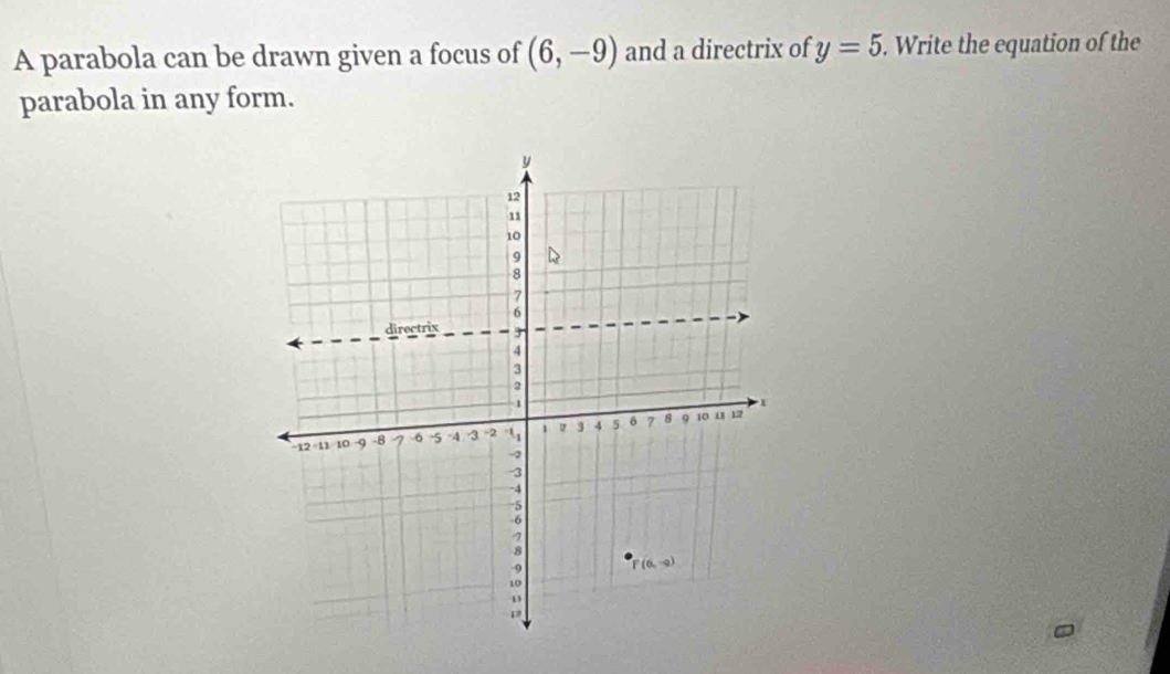 Solved: A parabola can be drawn given a focus of (6,-9) and a directrix ...