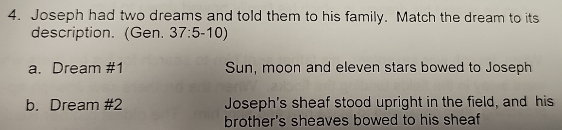 Solved: Joseph had two dreams and told them to his family. Match the ...