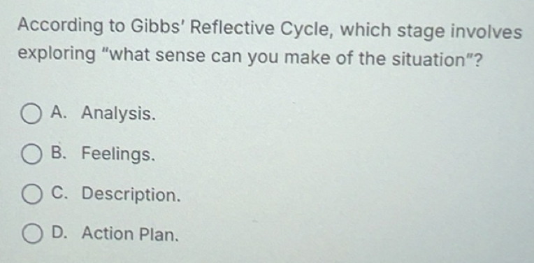 Selesai:According to Gibbs’ Reflective Cycle, which stage involves ...