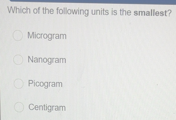 Solved: Which of the following units is the smallest? Microgram ...