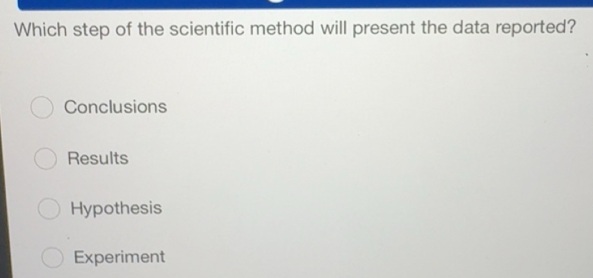 Solved: Which step of the scientific method will present the data ...