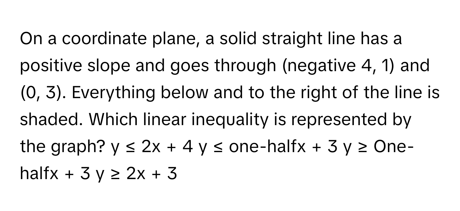 Solved: On a coordinate plane, a solid straight line has a positive slope and goes through ...