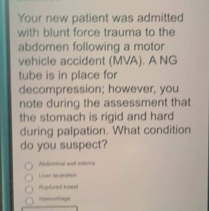 Solved: Your new patient was admitted with blunt force trauma to the ...
