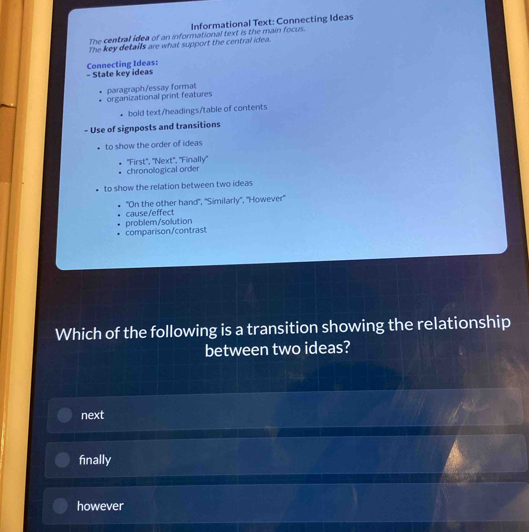 Solved: Informational Text: Connecting Ideas The central idea of an ...