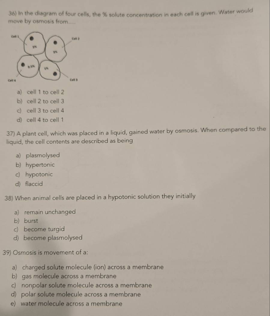 Solved: In the diagram of four cells, the % solute concentration in ...
