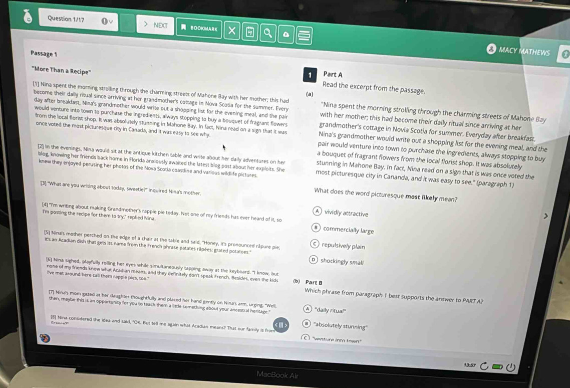 Solved: Question 1/17 BOOKMARK × a NEXT Passage 1 MACY MATHEWS "More ...