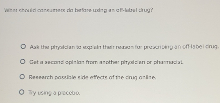 Solved: What should consumers do before using an off-label drug? Ask ...
