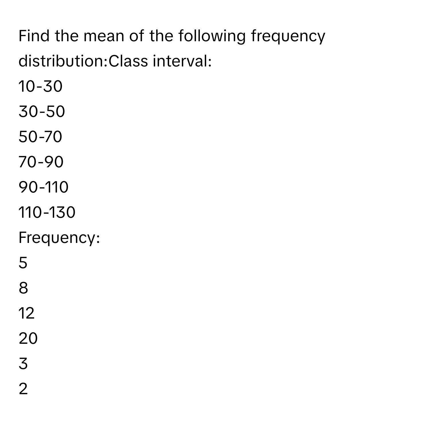 Solved: Find the mean of the following frequency distribution:Class interval: 10-30 30-50 50-70 ...