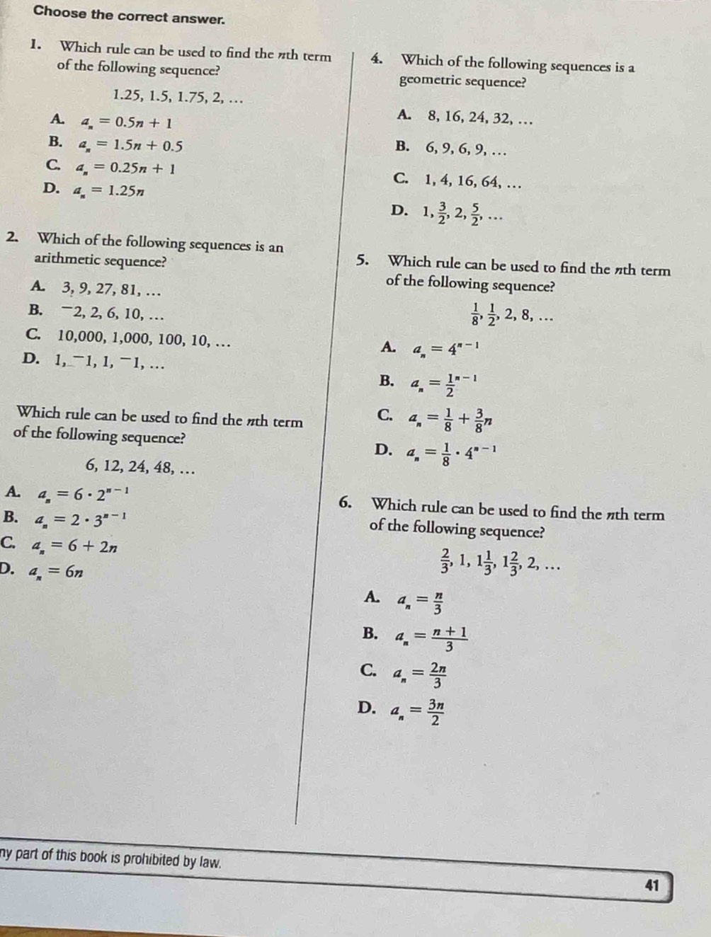 Solved: Choose the correct answer. 1. Which rule can be used to find the nth term 4. Which of ...