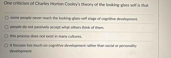 Solved: One criticism of Charles Horton Cooley's theory of the looking-glass self is that some ...