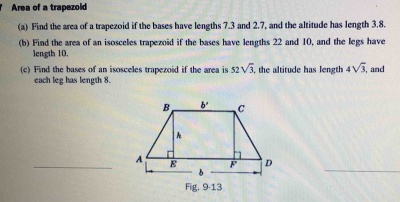 Solved: Area of a trapezoid (a) Find the area of a trapezoid if the ...