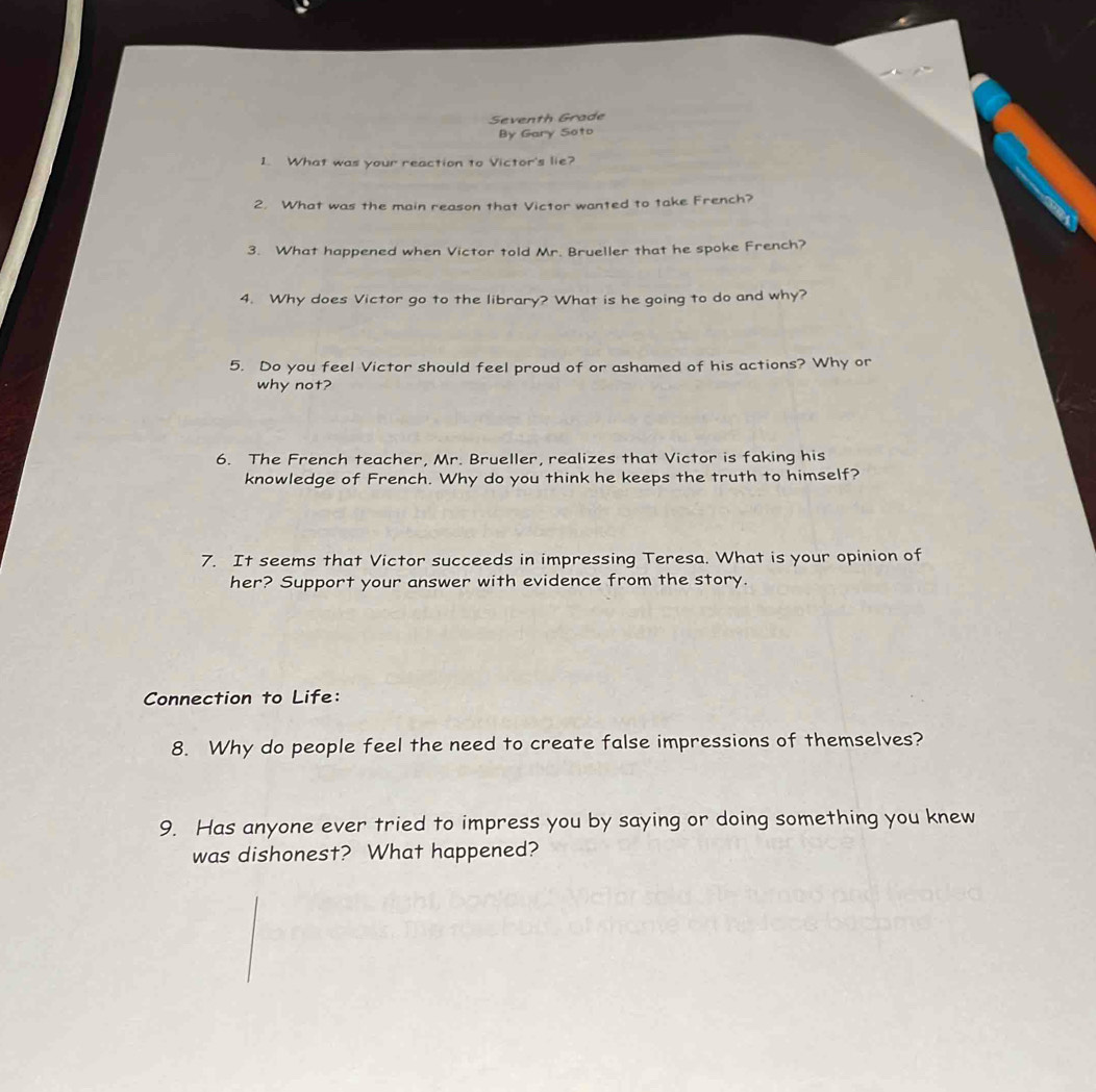 Solved: Seventh Grade By Gary Soto 1. What was your reaction to Victor ...