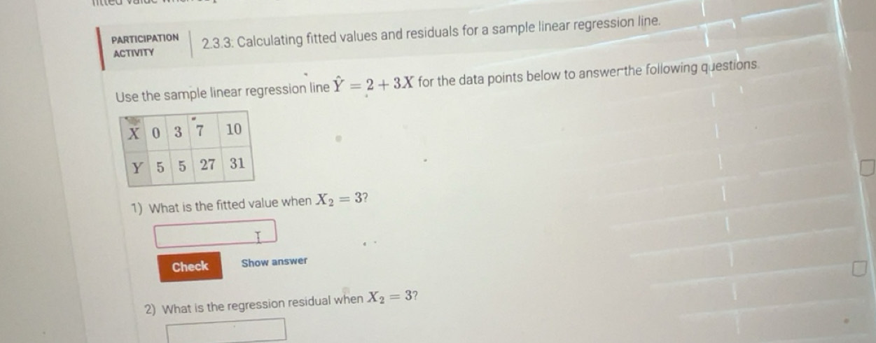 Solved: PARTICIPATION 2.3.3: Calculating fitted values and residuals for a sample linear ...