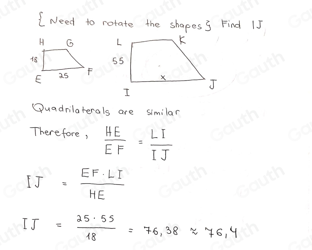 Solved: Quadrilateral EFGH is similar to quadrilateral IJKL. Find the ...