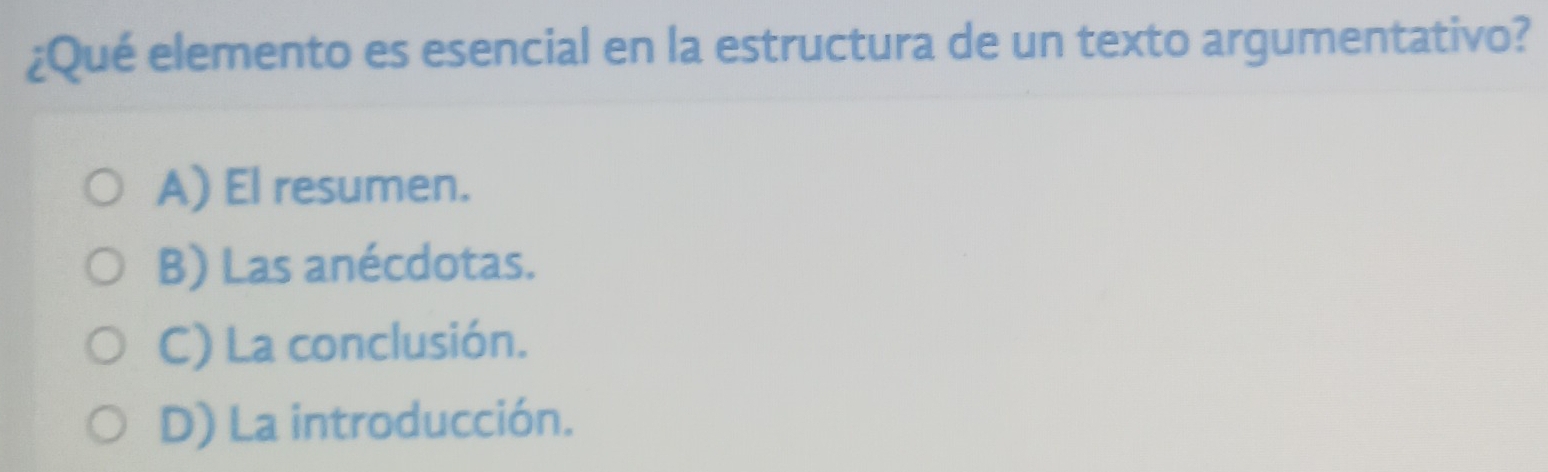 Resuelto:¿Qué elemento es esencial en la estructura de un texto ...