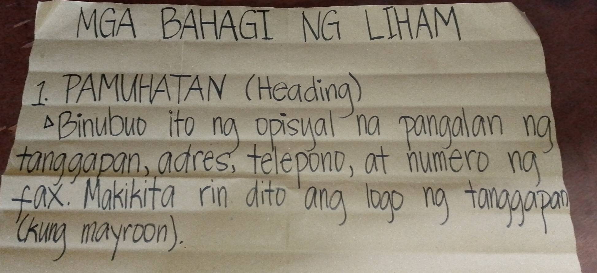 Solved: MGA BAHAGI NG LIHAM I. PAMUHATAN (Heading) Binubuo ito ng ...