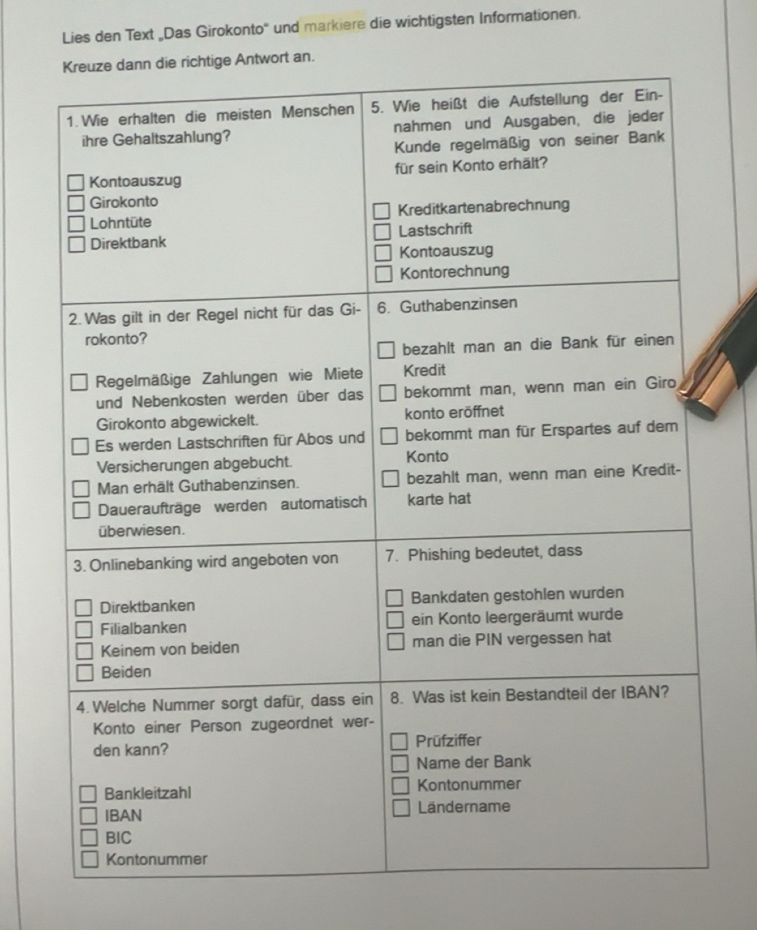 Gelöst:Lies den Text „Das Girokonto' und markiere die wichtigsten ...