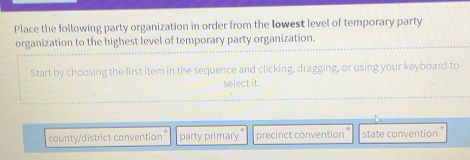 Solved: Place the following party organization in order from the lowest ...