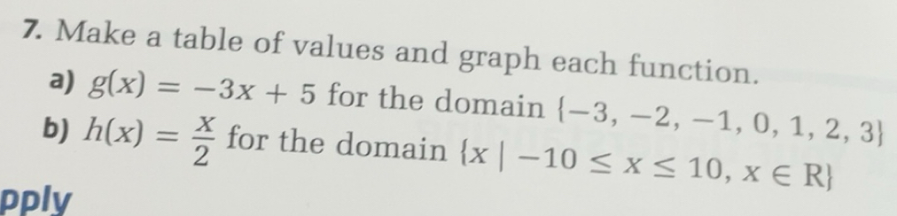 Solved: Make a table of values and graph each function. a) g(x)=-3x+5 ...