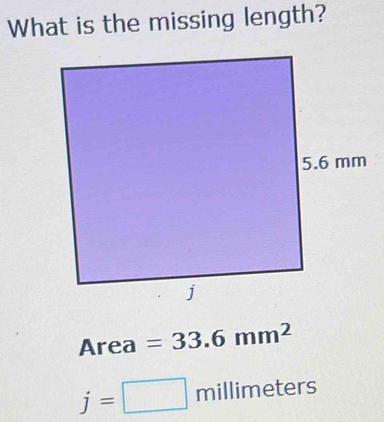 Solved: What is the missing length? Area =33.6mm^2 j= millimeters [Math]