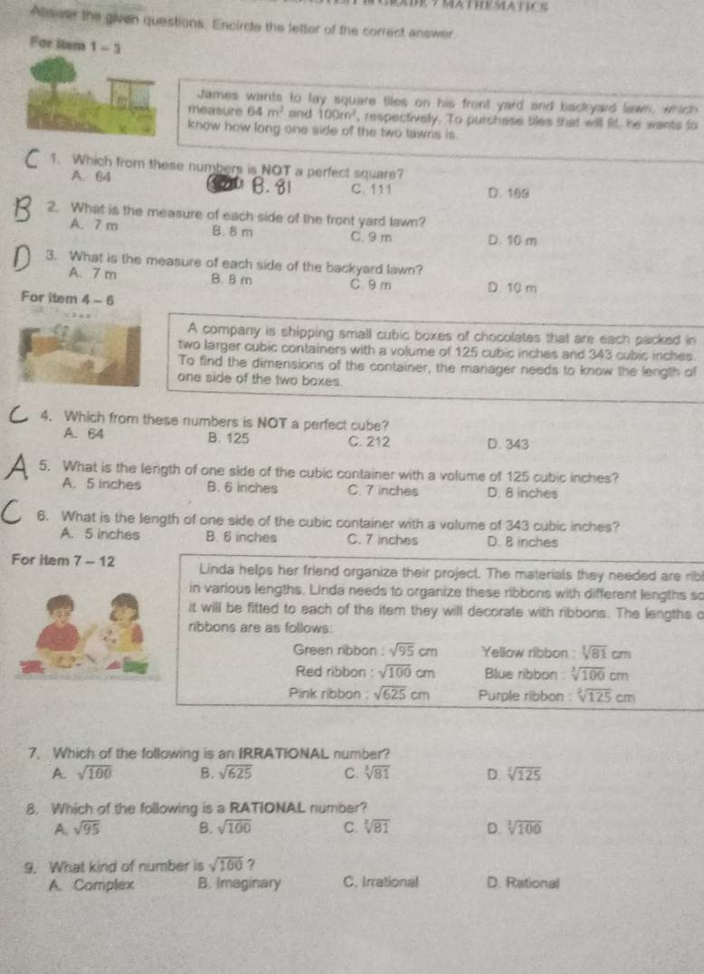 Solved: 1 7 MATHEMATICS Answer the given questions. Encircle the letter ...