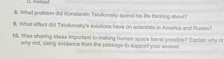 Solved: instead 8. What problem did Konstantin Tsiolkovsky spend his ...