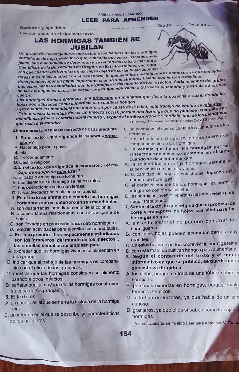 Resuelto:Aníbal Ramos leandro LEER PARA APRENDER Nombres y apellidos ...
