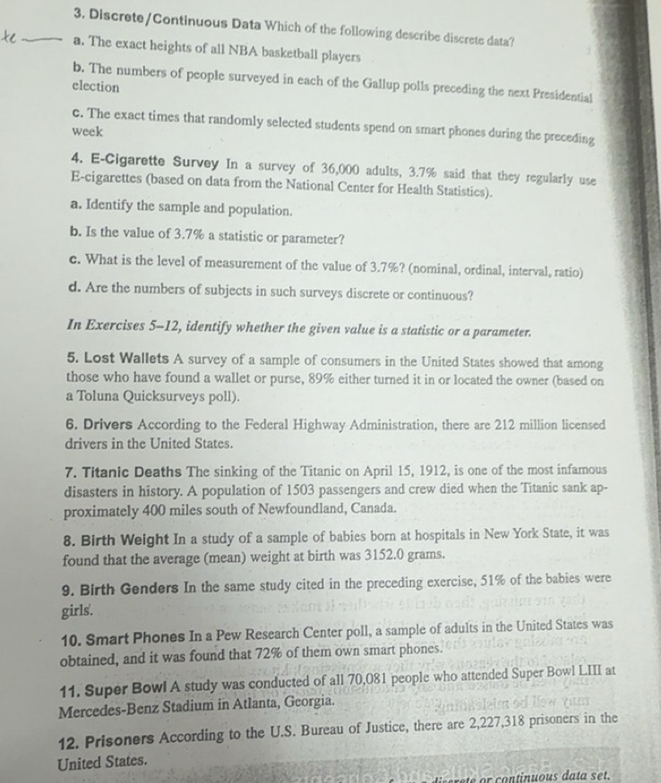 Solved: Discrete/Continuous Data Which of the following describe ...