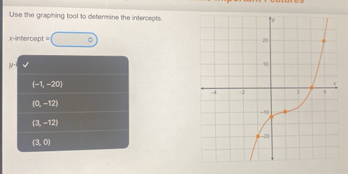 Solved: Use the graphing tool to determine the intercepts. x-intercept = 20 y 10 (-1,-20) X -4 ...